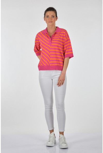 Lal Gömlek Yaka Düğmeli Çiçekli Truvakar Kol Oranj-Fuşya Kadın Bluz 22150005