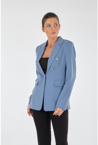 Ekol Düğmeli Cepli Uzun Kollu Mavi Kadın Ceket 22105110