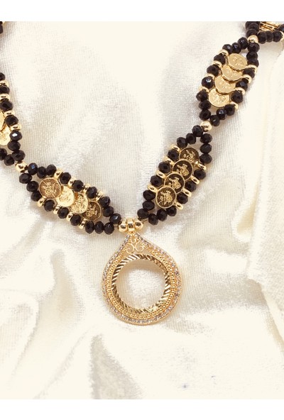 Yakut 22 Ayar Has Altın Kaplama Taşlı Içi Boş Çeyrek Uyumlu Çerçeveli Kolye