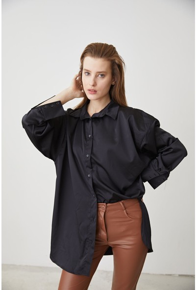 Miostil Oversize Saten Gömlek-Siyah