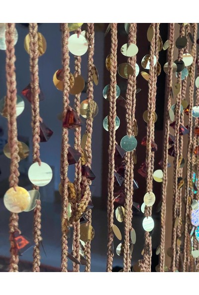 Gönülden Tasarım Hardal Kahve Cam Boncuklar ve Damla Pullar Ip Perde Boy 2.30 cm