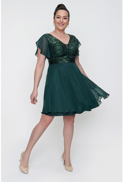 Kolu Eteği Şifon Üstü Pulpayet Astarlı Büyük Beden Elbise Yeşil Kolu Eteği Şifon Üstü Pulpayet Astarlı Büyük Beden Elbise Yeşil