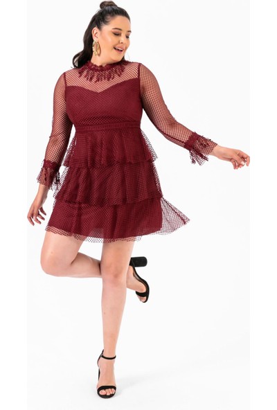 Kat Kat Dantelli Büyük Beden Abiye Elbise Bordo