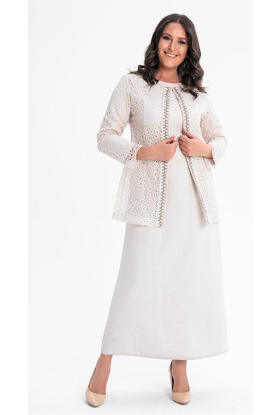 Önü Boncuklu Dantelli Büyük Beden Elbise Ceket Takım Taş