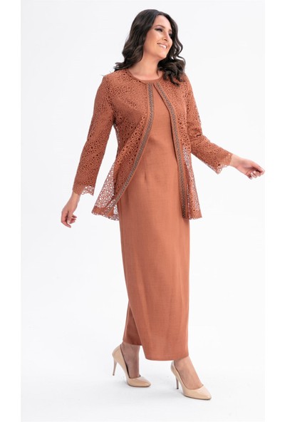 Önü Boncuklu Dantelli Büyük Beden Elbise Ceket Takım Kiremit