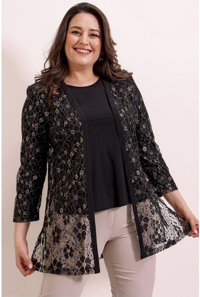 Içi Likralı Bluz Çiçek Desenli Dantel Ceket Büyük Beden 2'li Takım Siyah-Gold Içi Likralı Bluz Çiçek Desenli Dantel Ceket Büyük Beden 2'li Takım Siyah-Gold