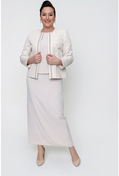 Önü Boncuklu Astarlı Büyüyk Beden Ceket Bluz Etek Üçlü Takım Krem