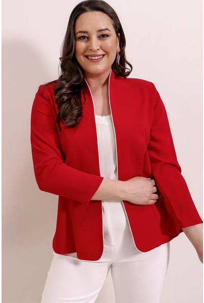 Önü Ince Şeritli Hasır Örgü Desenli Ceket Içi Likralı Bluz Büyük Beden 2'li Takım Kırmızı Önü Ince Şeritli Hasır Örgü Desenli Ceket Içi Likralı Bluz Büyük Beden 2'li Takım Kırmızı