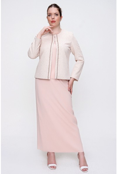 Önü Boncuklu Astarlı Büyüyk Beden Ceket Bluz Etek Üçlü Takım Pudra