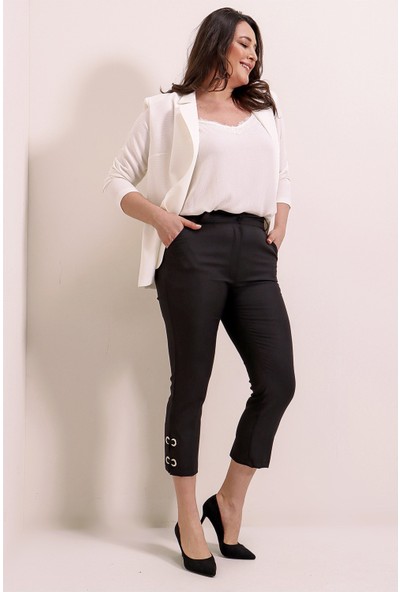 Yüksek Bel Yan Cepli Bilek Boy Kuş Gözü Büyük Beden Kısa Kalem Pantolon Siyah