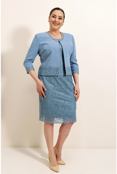 Yaka Taş ve Boncuklu Ceket Astarlı Güpür Kısa Elbise Büyük Beden Takım Indigo Yaka Taş ve Boncuklu Ceket Astarlı Güpür Kısa Elbise Büyük Beden Takım Indigo