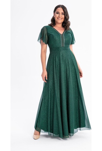 Yaka Taşlı Simli Büyük Beden Abiye Yeşil