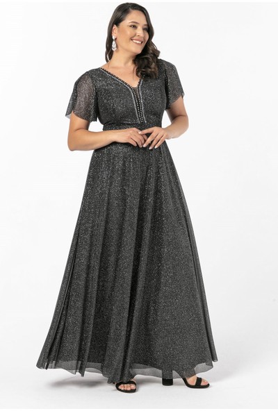Yaka Taşlı Simli Büyük Beden Abiye Siyah
