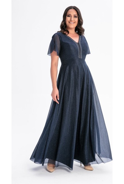 Yaka Taşlı Simli Büyük Beden Abiye Lacivert