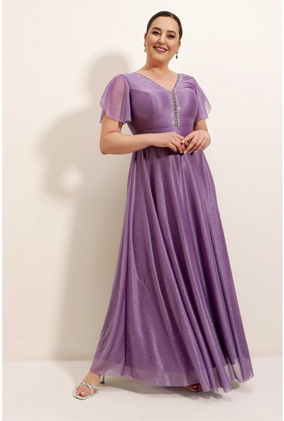Yaka Taşlı Simli Büyük Beden Abiye Lila