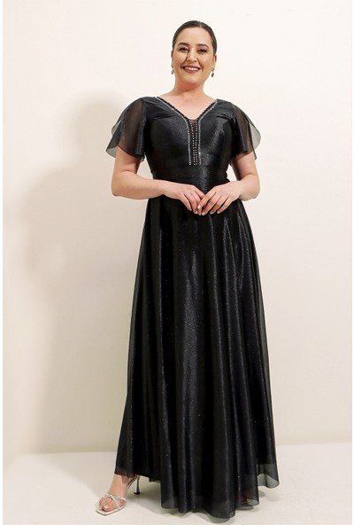 Yaka Taşlı Simli Büyük Beden Abiye Siyah-Siyah