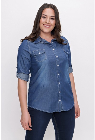 Kol Katlamalı Çift Cepli B.b Kot Gömlek Koyu Mavi