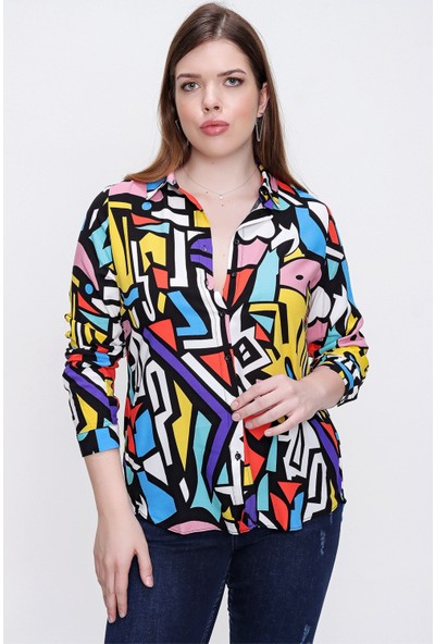 Mix Grafik Desenli Büyük Beden Viskon Gömlek Siyah