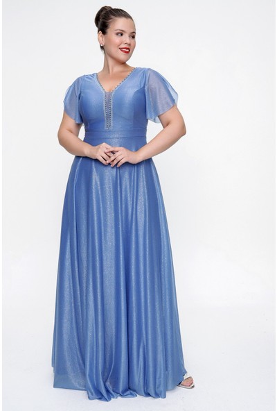 Yaka Taşlı Simli Büyük Beden Abiye Indigo Yaka Taşlı Simli Büyük Beden Abiye Indigo