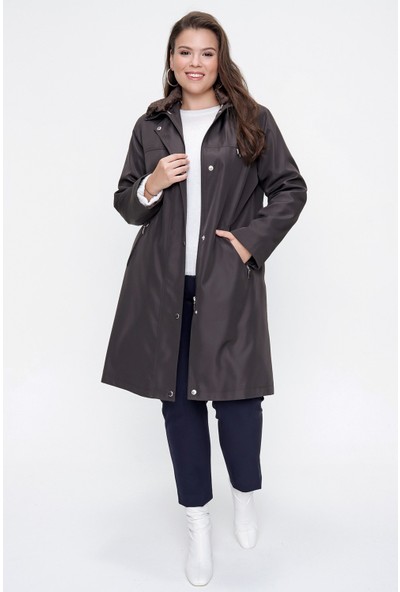 Içi Seyyar Kürklü Kapüşonlu Cebi Fermuarlı Büyük Beden Bondit Kaban Kahve
