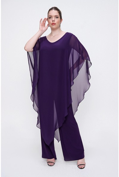 Üstü Şifon Büyük Beden Lilkra Tulum Mor
