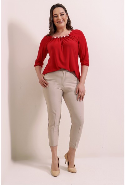 Saygı Giyim Yüksek Bel Genç B.beden Yandan Cepli Kısa Bilek Boy Kalem Pantolon Bej