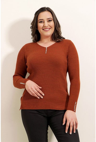 Önü ve Kolları Taş Detaylı Büyük Beden Triko Kazak Kiremit