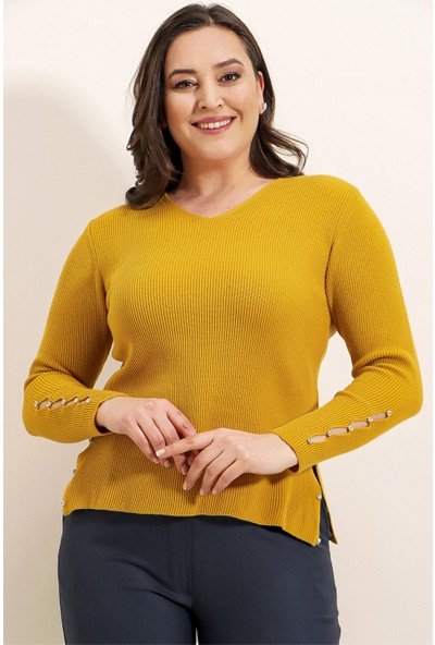 Kolları ve Yanı Taş Detaylı Büyük Beden Triko Kazak Hardal Kolları ve Yanı Taş Detaylı Büyük Beden Triko Kazak Hardal