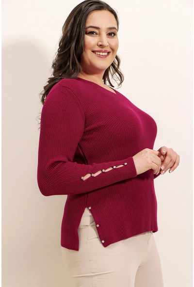 Kolları ve Yanı Taş Detaylı Büyük Beden Triko Kazak Fuşya Kolları ve Yanı Taş Detaylı Büyük Beden Triko Kazak Fuşya