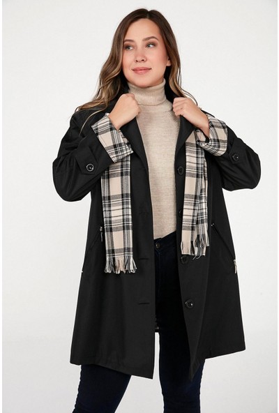 Astarlı Cebi Fermuarlı Atkı Aksesuarlı Büyük Beden Bondit Kaban Siyah Astarlı Cebi Fermuarlı Atkı Aksesuarlı Büyük Beden Bondit Kaban Siyah