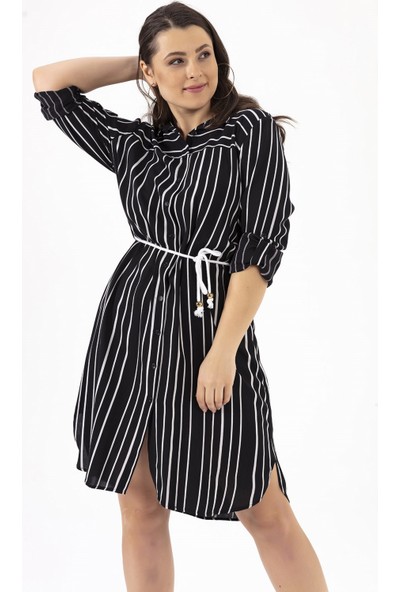 Çizgili Düğmeli Büyük Beden Tunik Elbise Siyah