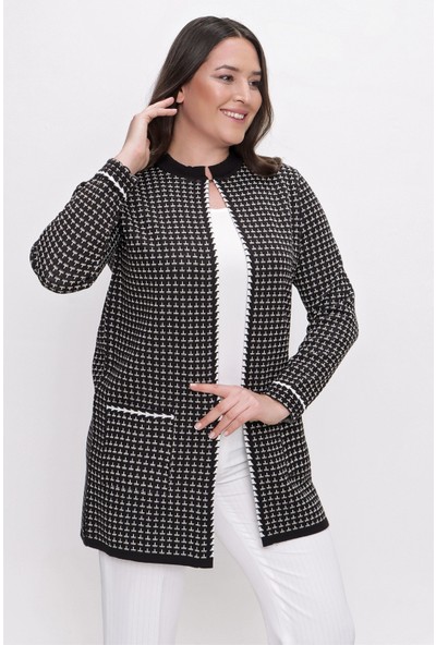 Desenli Cepli Akrilik Triko Büyük Beden Hırka Siyah