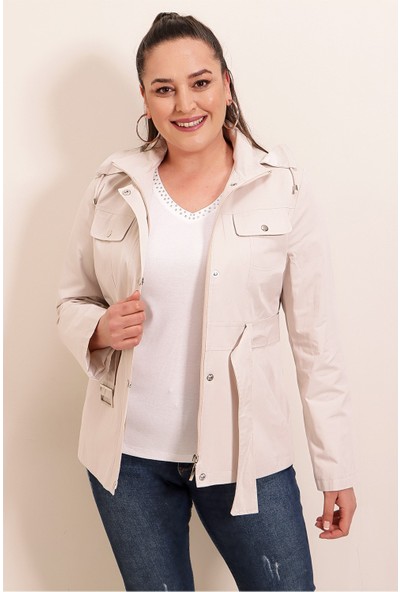 Seyyar Kapüşonlıu Beli Kuşaklı Cepli Büyük Beden Trençkot Taş