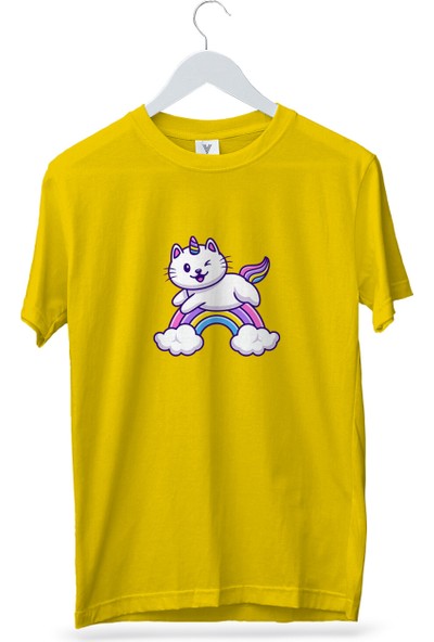 Takivis Gökkuşağı ve Unicorn Bisiklet Yaka Kısa Kollu Tişört