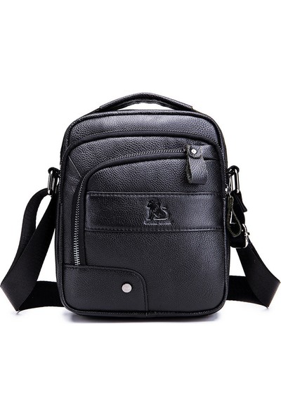 Laoshizi Hakiki Deri Fermuarlı Erkek Omuz Çantası - Siyah (Yurt Dışından)
