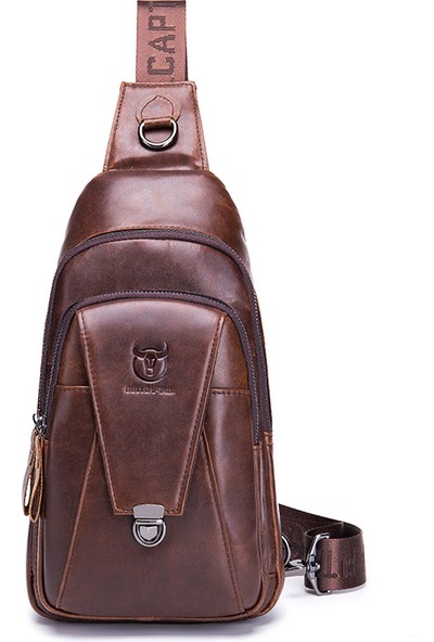 Bullcaptain Hakiki Deri Fermuarlı Erkek Göğüs Çantası - Koyu Kahverengi (Yurt Dışından)