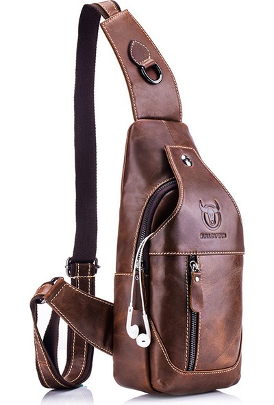 Bullcaptain Hakiki Deri Fermuarlı Erkek Göğüs Çantası - Kahverengi (Yurt Dışından)