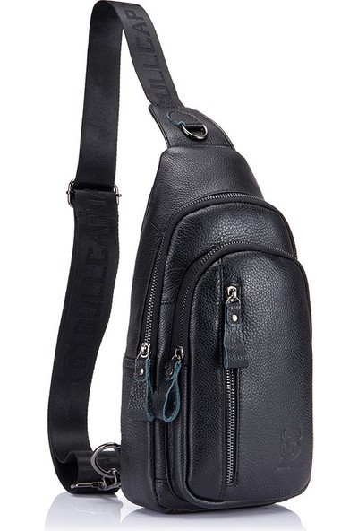 Bullcaptain Hakiki Deri Fermuarlı Erkek Göğüs Çantası - Siyah (Yurt Dışından)