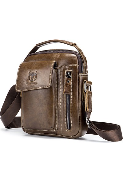 Bullcaptaın Hakiki Deri Retro Fermuarlı Erkek Omuz Çantası - Kahverengi (Yurt Dışından)