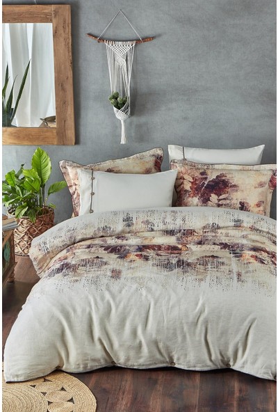Ecocotton Demre Battal Boy Nevresim Takımı Keten Dijital Baskılı Bej 220X240 cm