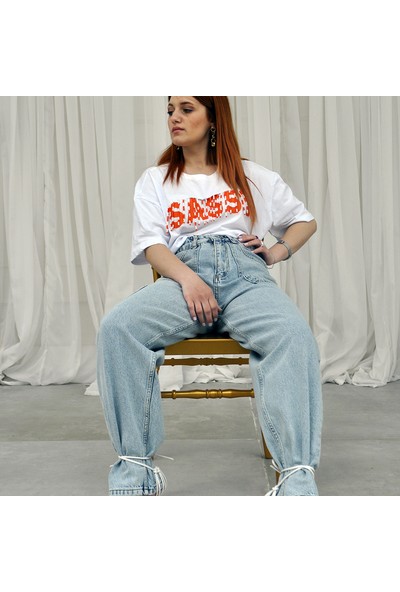 Gamze Derin Mavi Yıkamalı Büyük Cepli Yüksek Bel Premium Jean