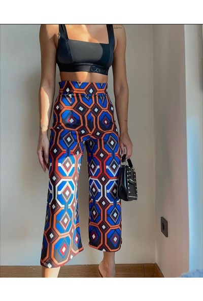 Geometrik Desenli Bilek Boy Bol Paça Pantolon