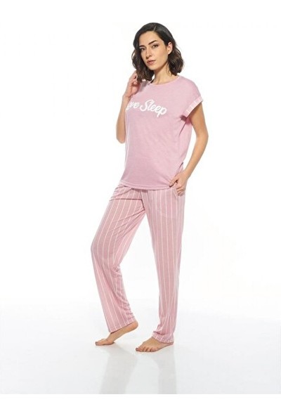 Estiva Çizgili Desen Baskılı Kısa Kol Bayan Pijama Takım