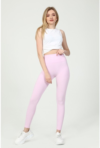 Fumos Fashion Pembe Renk Fitilli Yüksek Bel Tayt