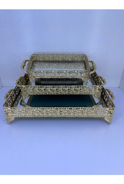 Dikdörtgen Gold 3'lü Çeyiz Tepsi Seti Dikdörtgen Gold 3'lü Çeyiz Tepsi Seti