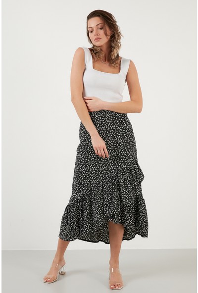 Lela Beli Lastikli Çiçek Desenli Volanlı Midi Boy Etek Bayan Etek 5864509Y5