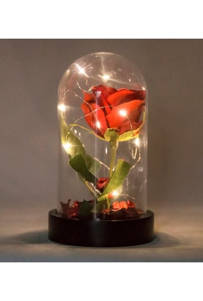 Deco Elit Anneler Gününe Özel LED Işıklı Fanus Içinde Kırmızı Yapay Gül