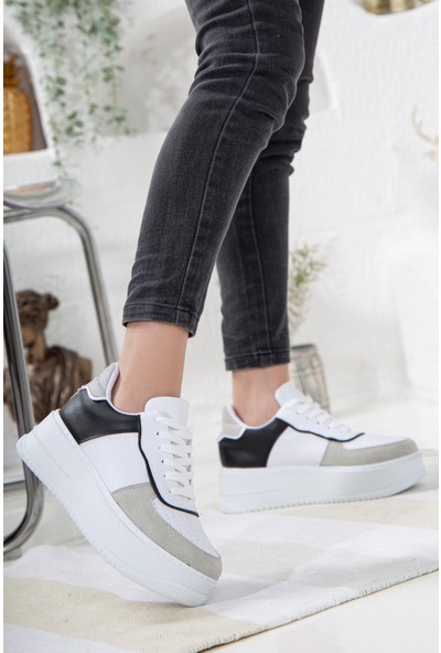 Mehmet Baran Beyaz Siyah Sneaker Yüksek Tabanlı 5 cm Spor Ayakkabı