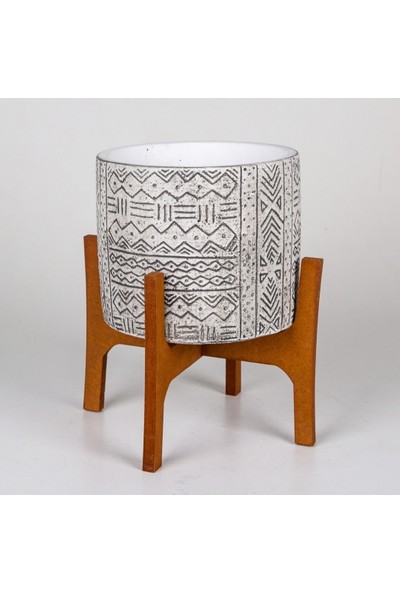 Vase Desing Stand Ayaklı Etnik Desenli Büyük Yeşil Beton Saksı 17X25 cm