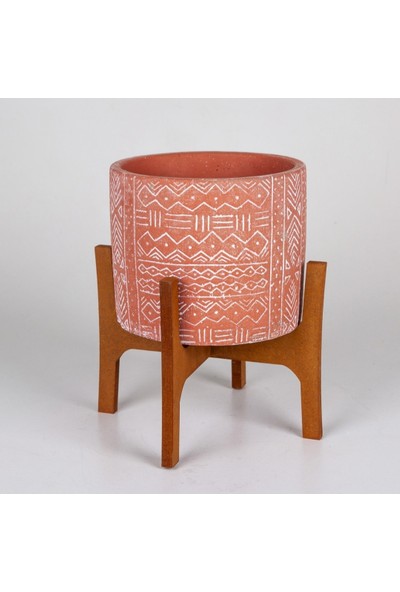 Vase Desing Stand Ayaklı Etnik Desenli Büyük Kiremit Beton Saksı 17X25 cm